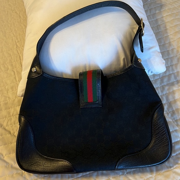 Gucci | Bags | Authentic Gucci Bag Black Gg Design With Leather Trim ...